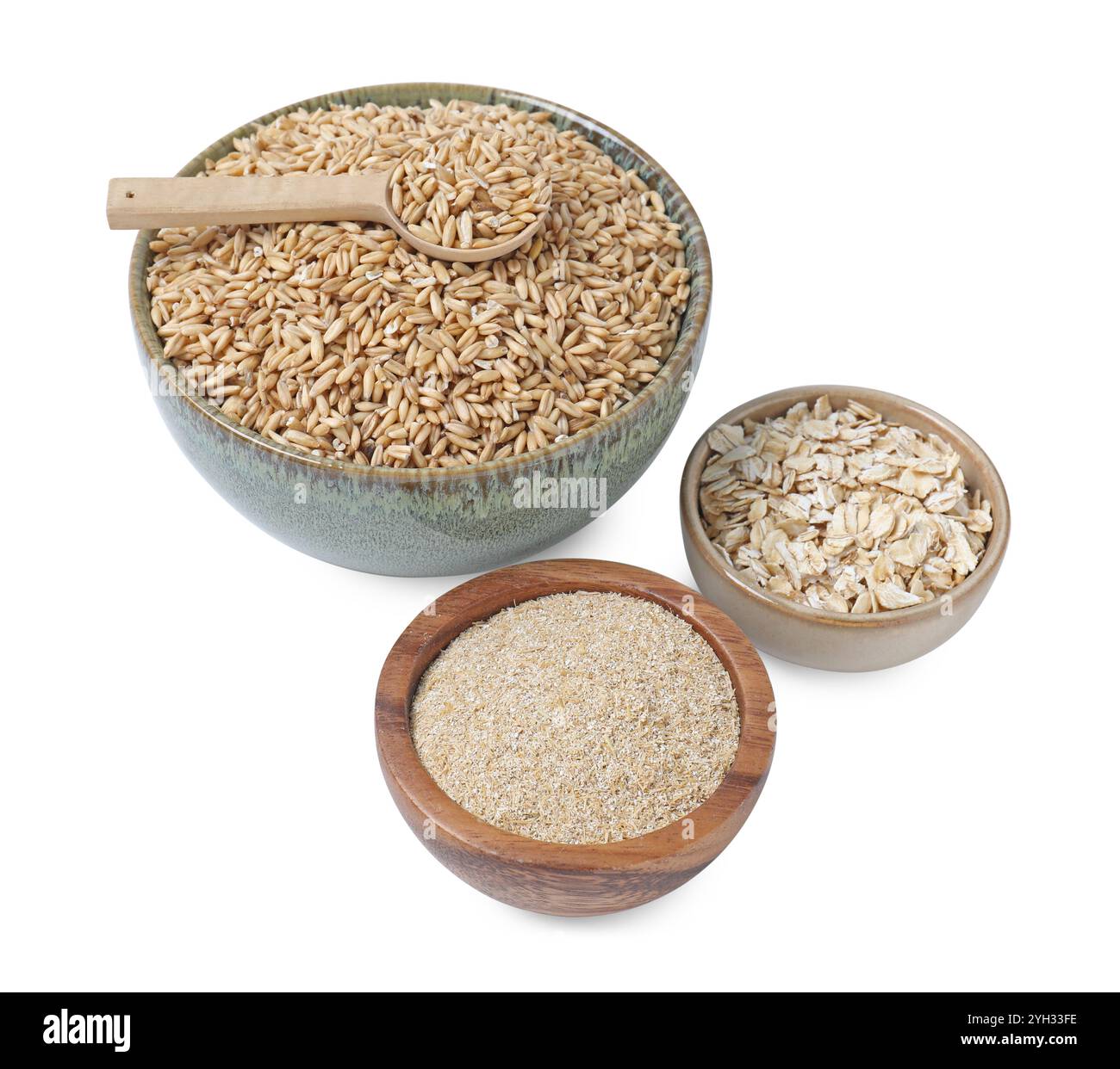 Oat grains, flakes and bran in bowls isolated on white Stock Photo - Alamy
