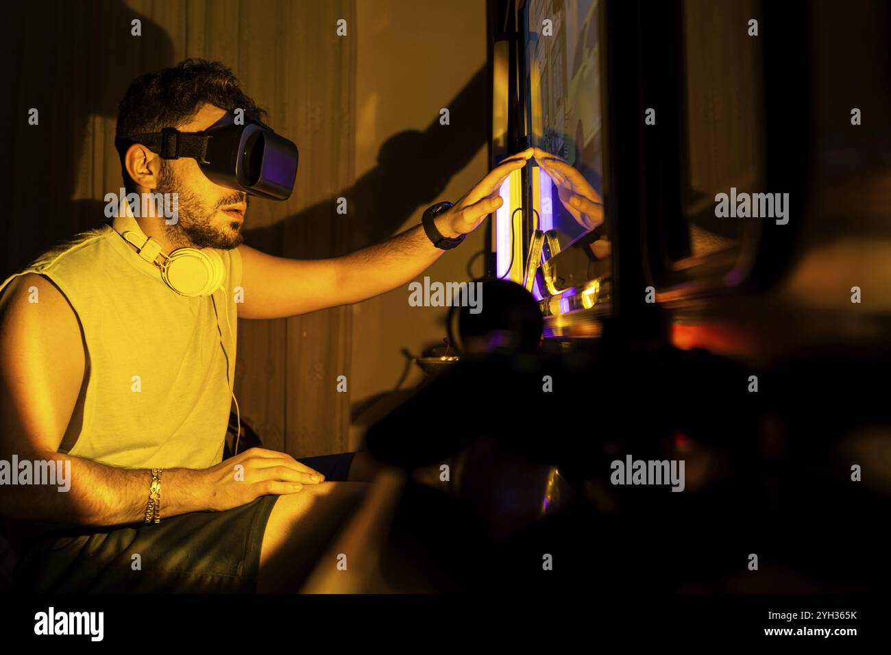 Virtual reality glass vr. Young man in digital glasses for 3d virtual ...