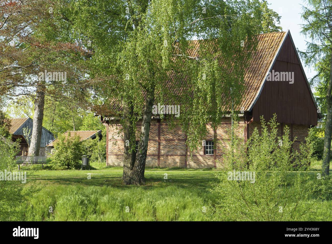 Rustic brick house between dense trees in a rural setting in sunny ...