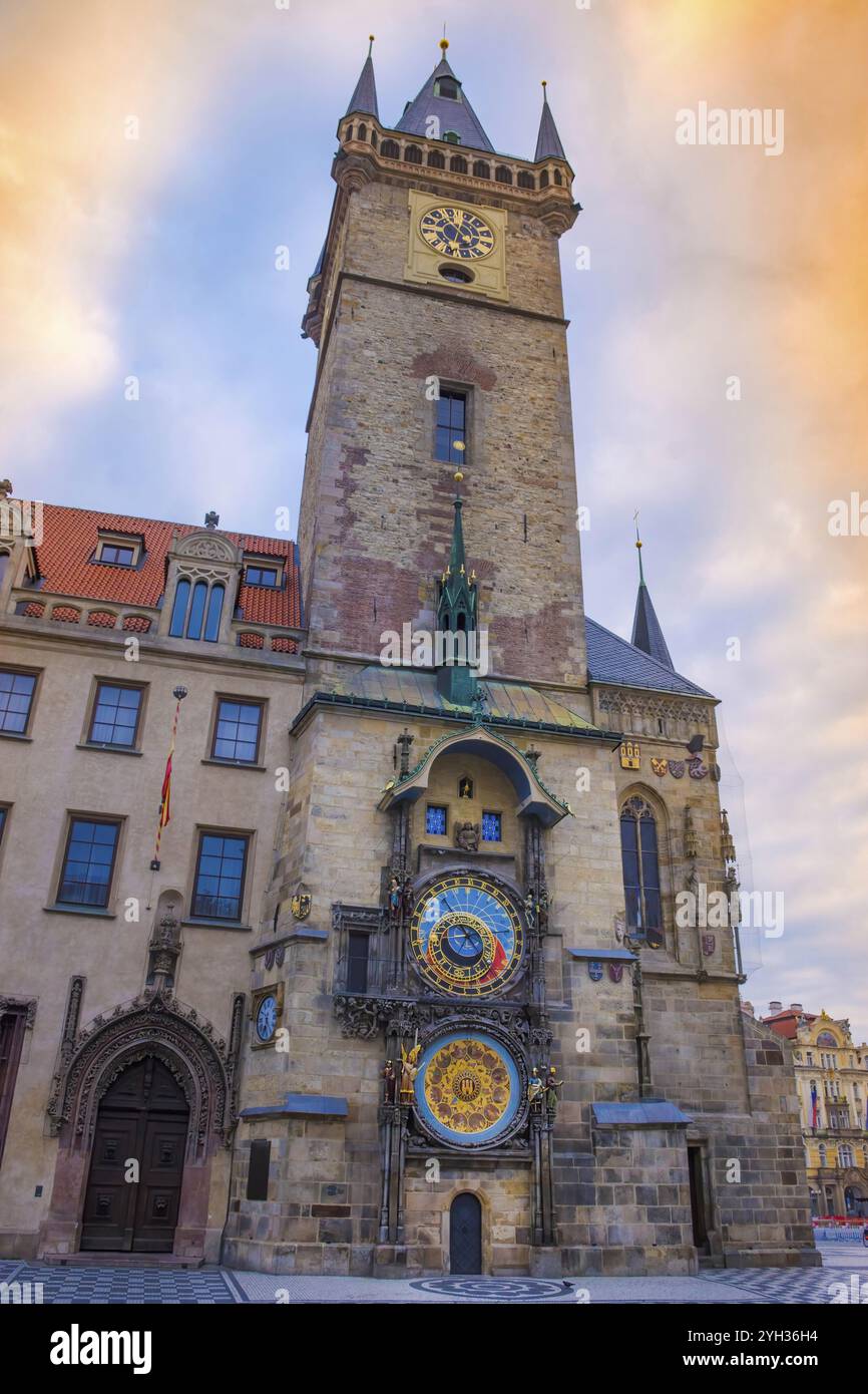 Famous medieval astronomical clock attached to the Old Town Hall Tower ...