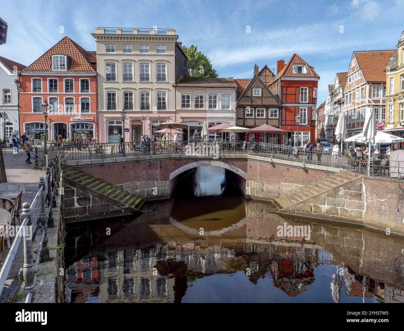 Brick-walled barrel-vaulted bridge Hudebruecke and stairs to the river ...