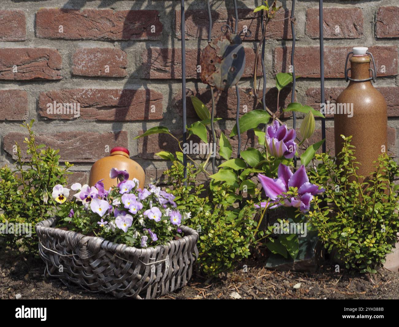 Decorative garden with bottles and flower pot on a brick wall, borken ...