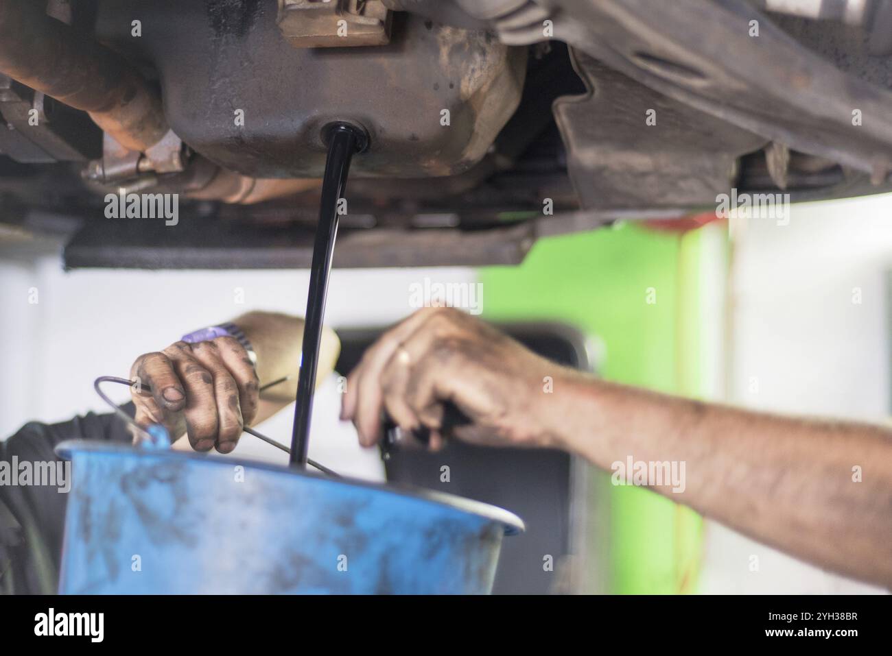 Mechanic emptying the oil in a bucket Stock Photo - Alamy