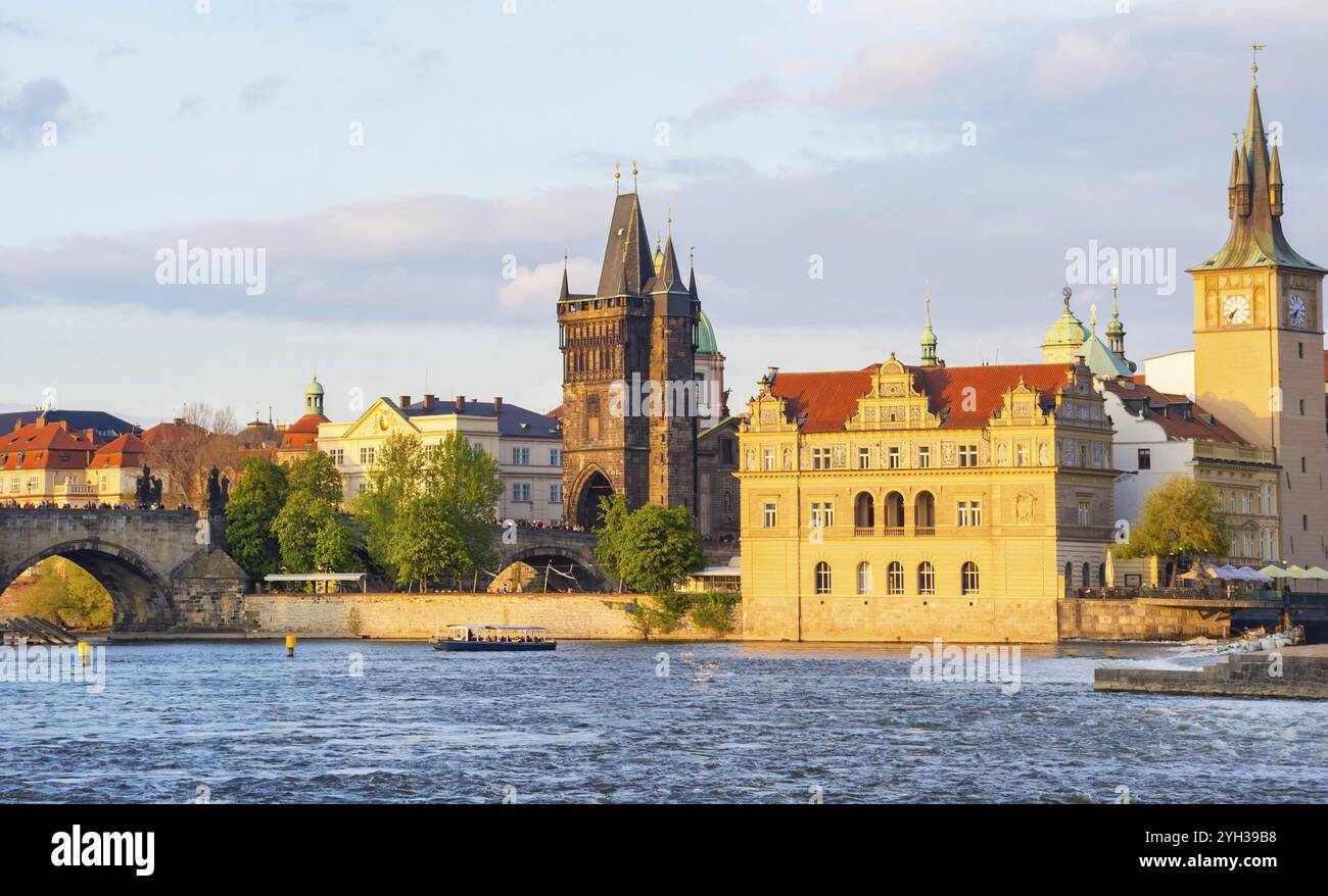 View of old town with Charles Bridge (Karluv Most) on Vltava river and Old Town Bridge Tower ...