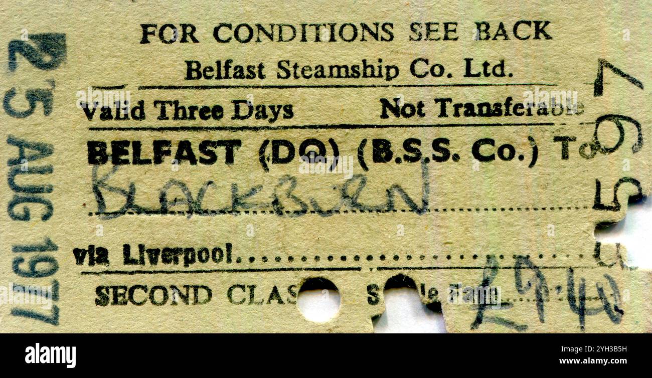 Belfast Steamship Company ticket from Belfast to Blackburn Stock Photo ...