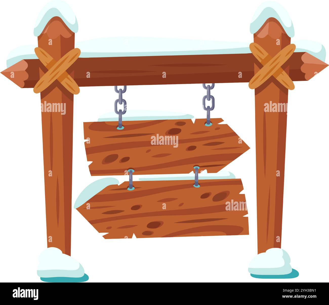 Snow covered wooden signpost with two hanging direction signs pointing ...