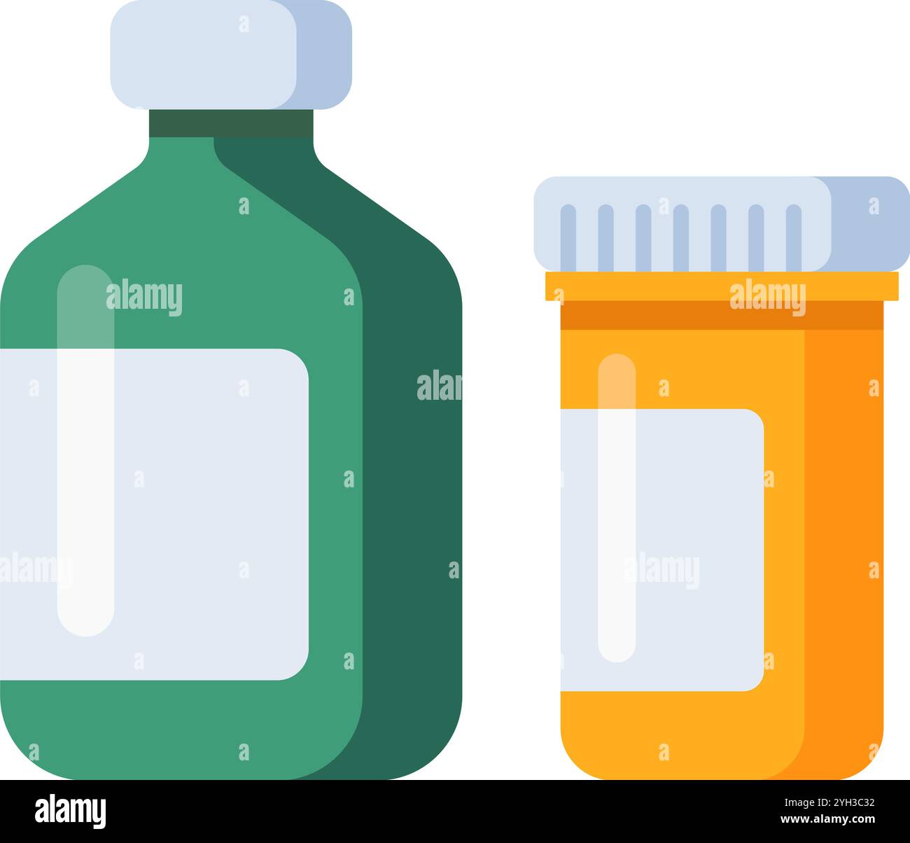 Two medicine bottles, one green and one orange, stand side by side ...
