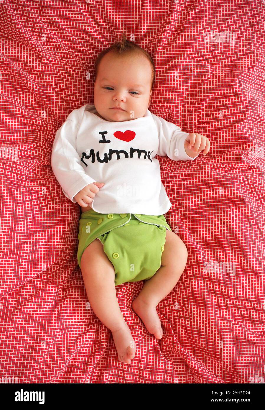 2-month old Caucasian boy lying in a red duvet wearing a white T-shirt ...