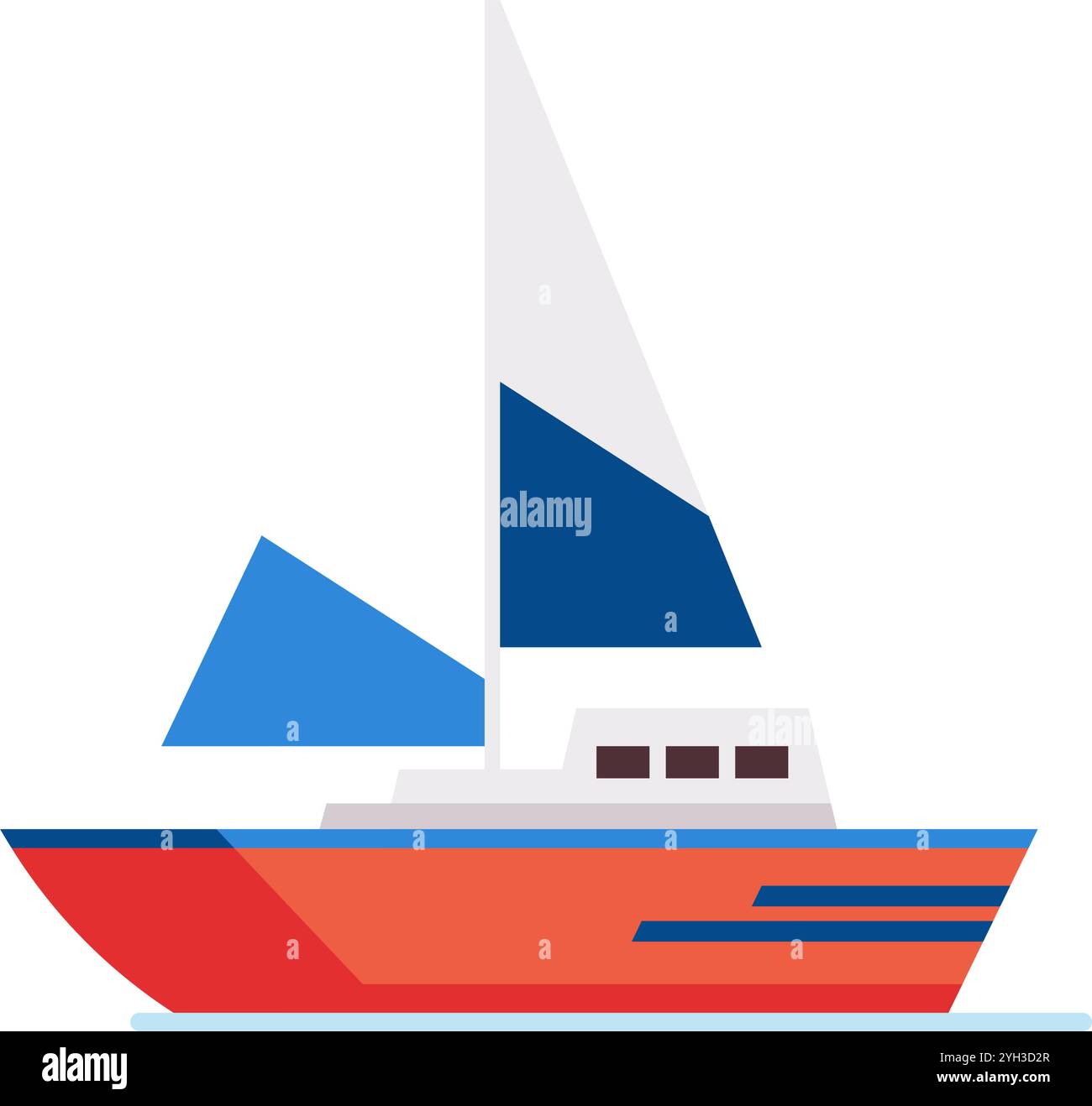 Red sailing boat with blue and white sails navigating on water, side ...