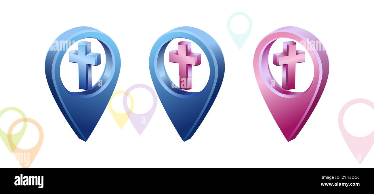 Set of 3D pin icons with Christian cross. Horizontal backdrop with flat ...