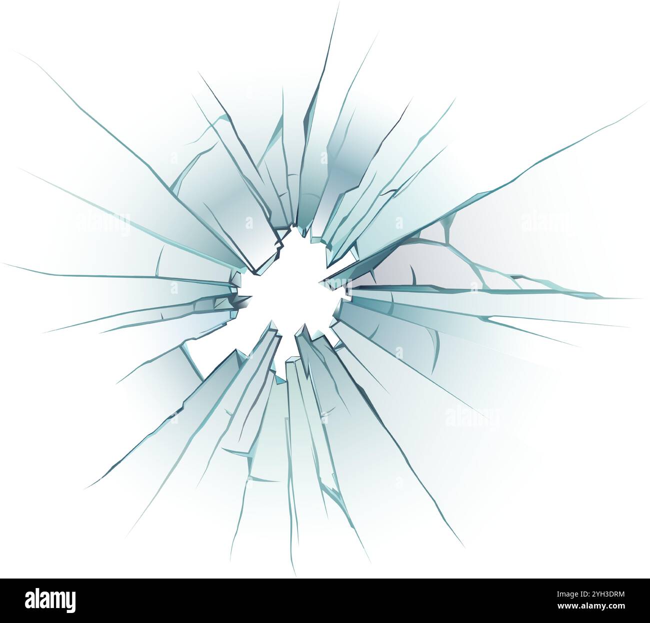 Shattered glass with cracks radiating outwards from a central hole ...