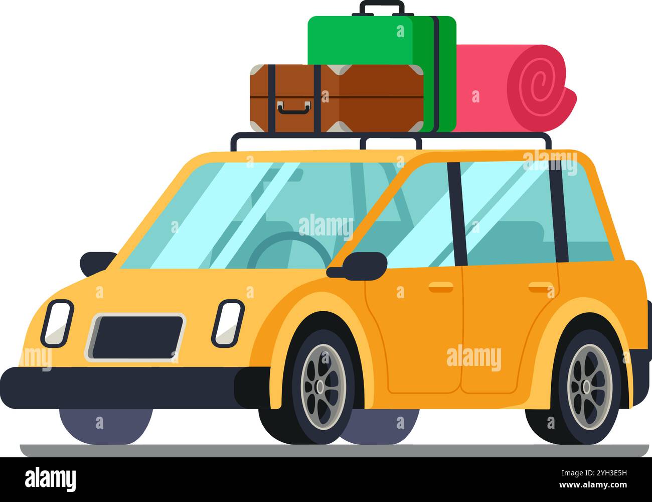 Yellow passenger car is carrying luggage and rolled blanket on its roof ...