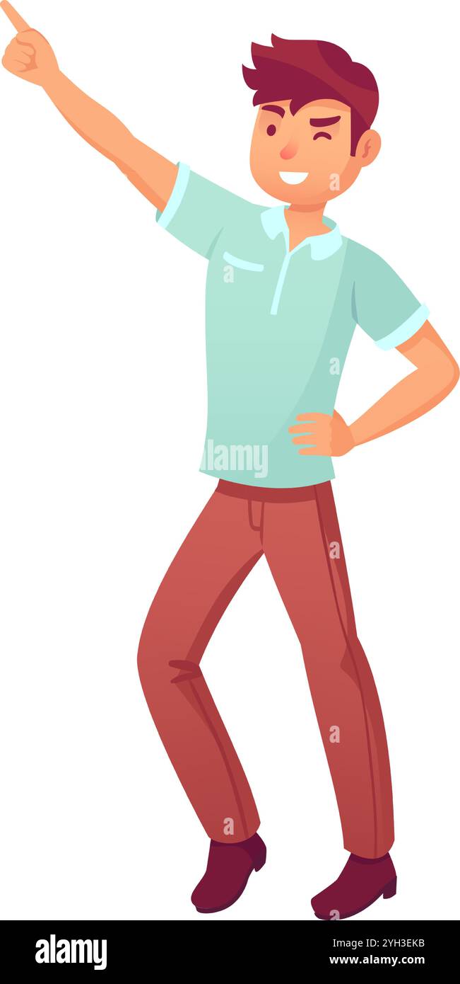 Happy young man pointing with index finger and winking, showing direction, drawing attention, or ...