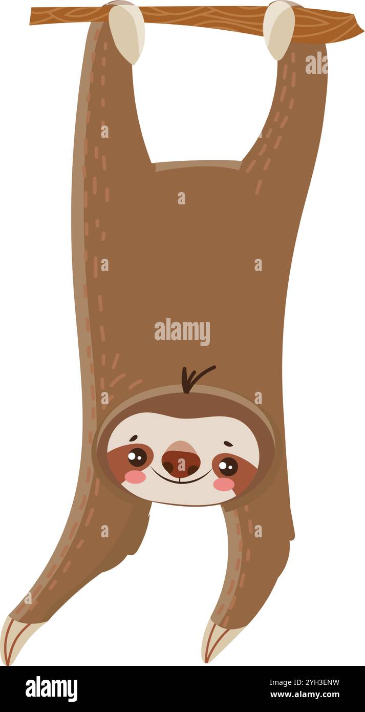 Adorable cartoon sloth hanging upside down from a tree branch, smiling happily, enjoying its ...