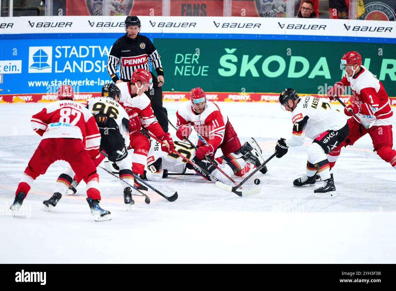 Patrick HAGER Nr.50 of Germany compete, zweikampf, fight for the puck against Alexander True ...