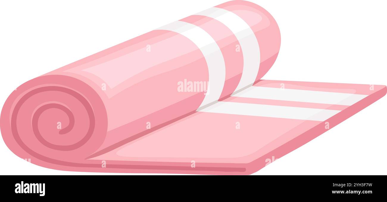 Rolled pink yoga or pilates mat with white stripes is partially ...
