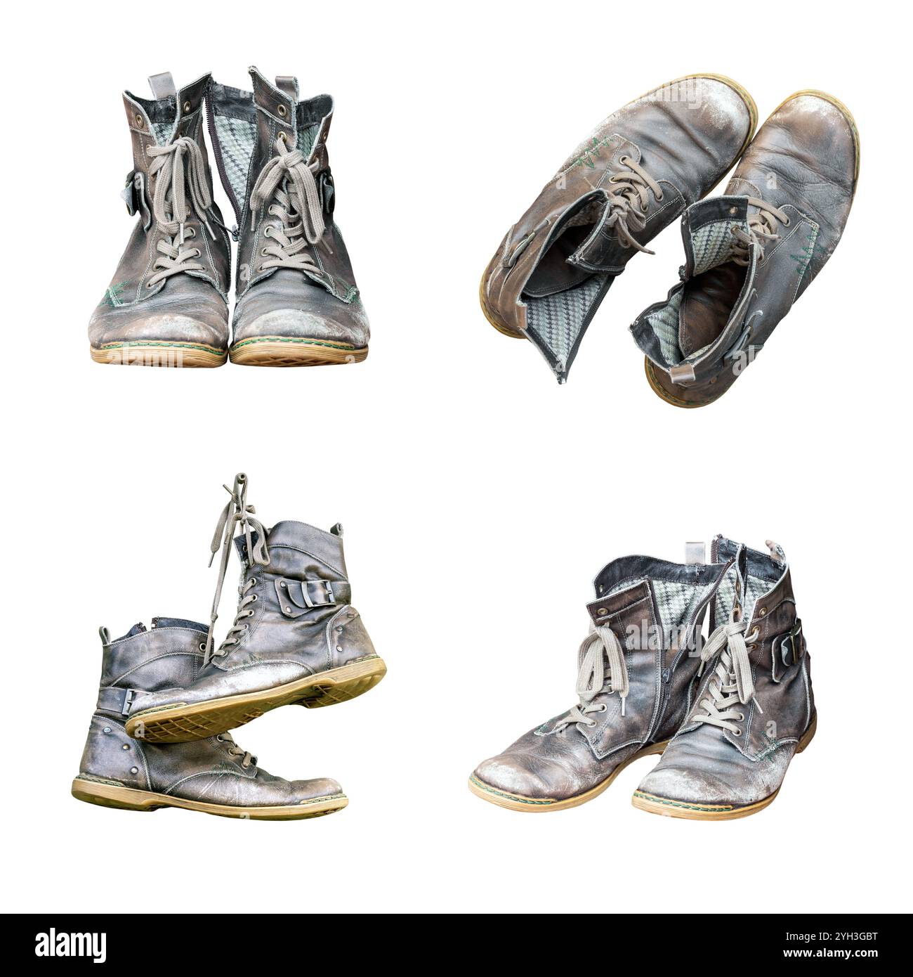 Old worn out leather shoes from different angles isolated, weathered ...