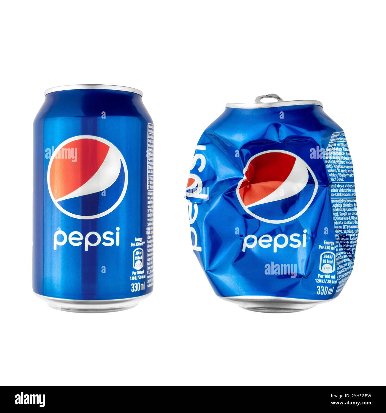 Pepsi soft drink can, new and crushed, front view isolated on white ...