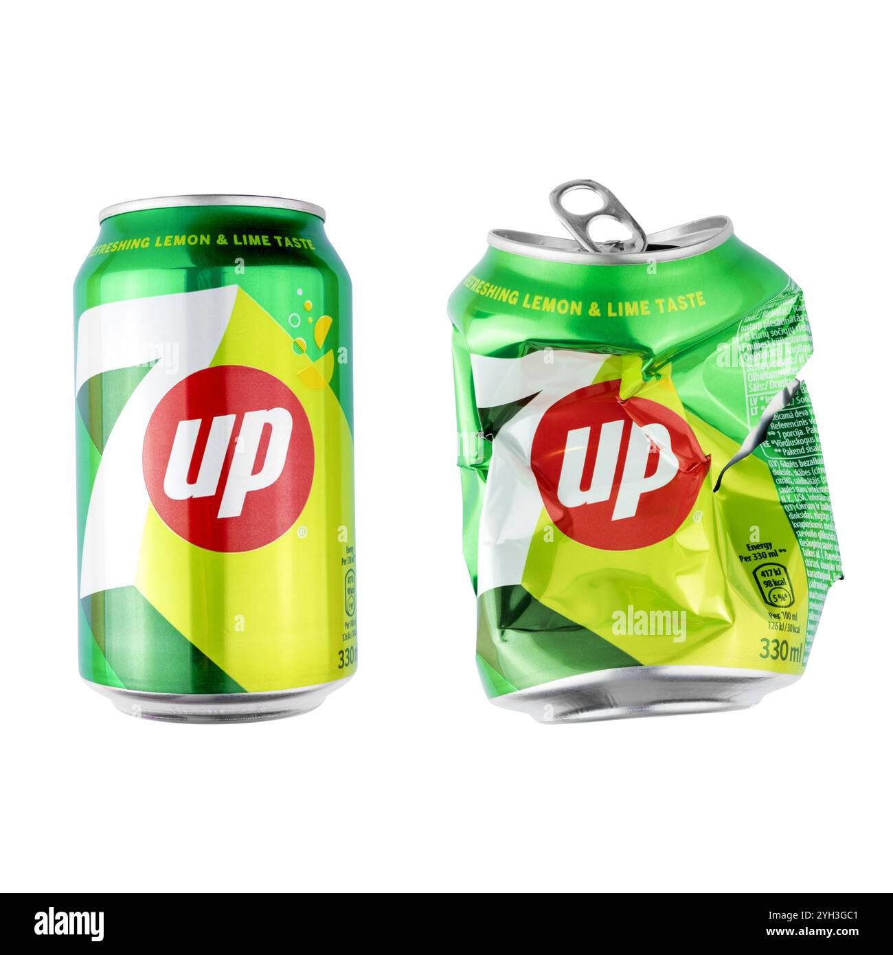 7 UP soft drink can, new and crushed, front view isolated on white ...