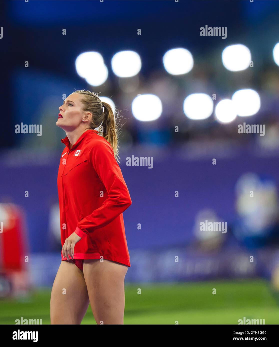 Alysha Newman participating in the pole vault at the Paris 2024 Olympic ...