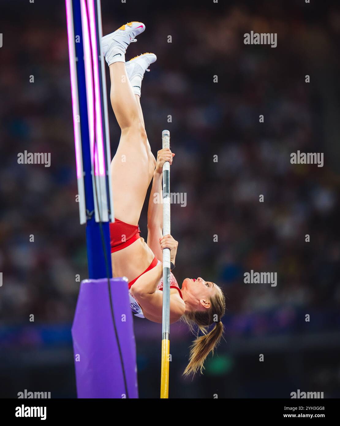 Alysha Newman participating in the pole vault at the Paris 2024 Olympic ...