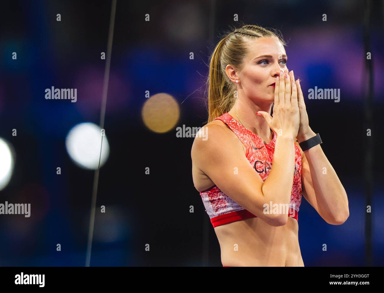 Alysha Newman participating in the pole vault at the Paris 2024 Olympic ...