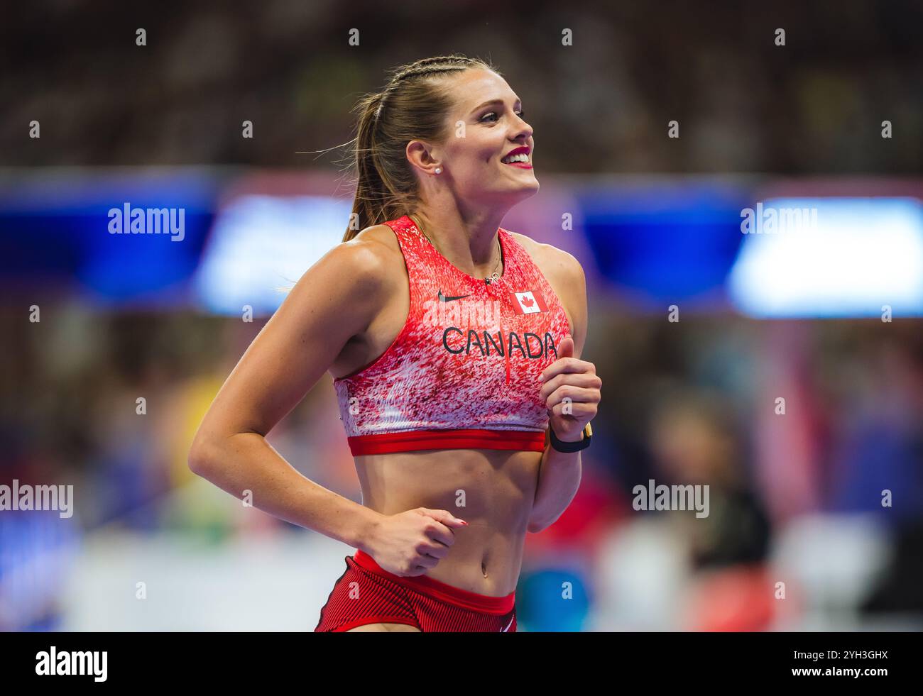 Alysha Newman participating in the pole vault at the Paris 2024 Olympic ...