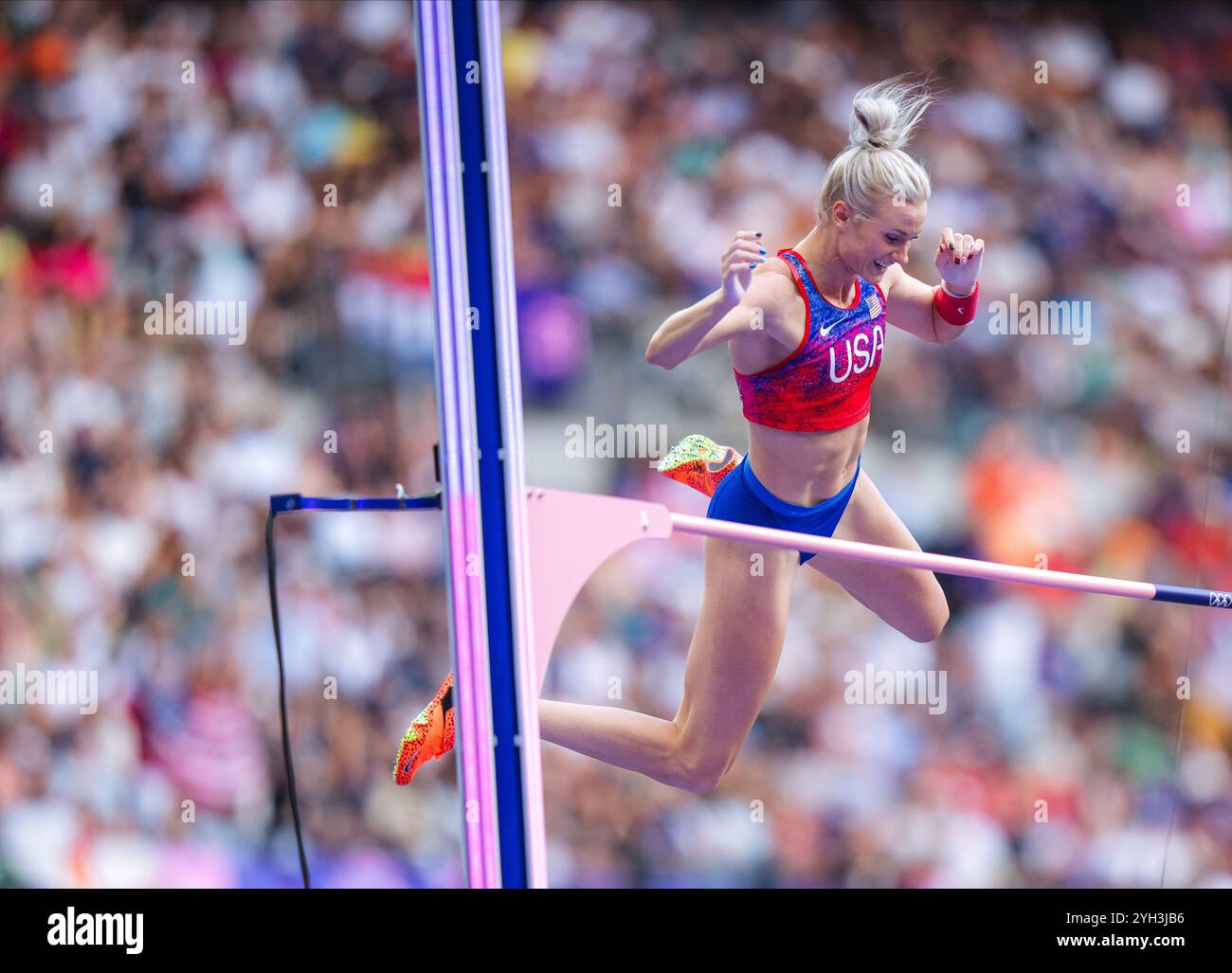 Katie Moon participating in the pole vault at the Paris 2024 Olympic ...