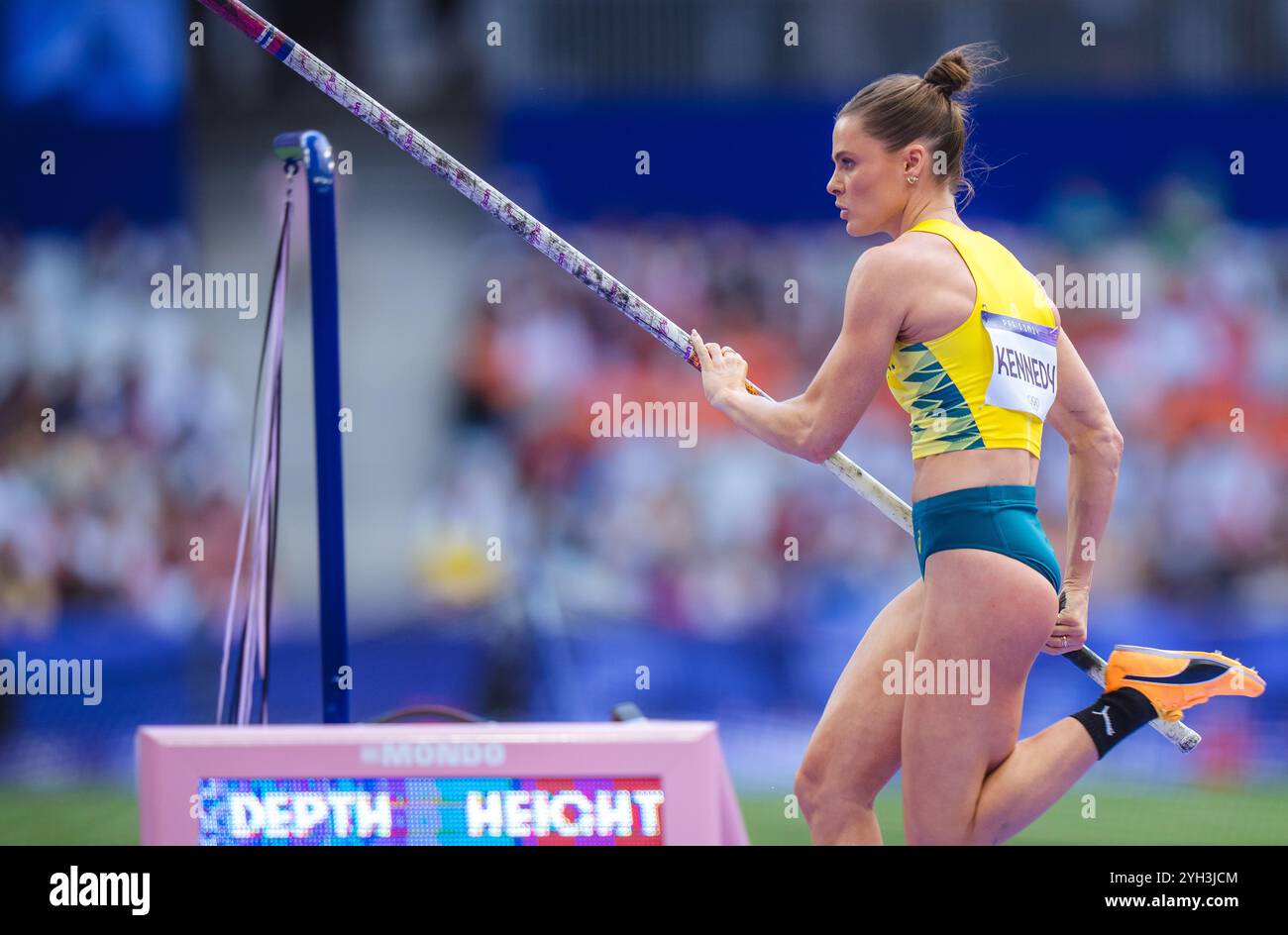 Nina Kennedy participating in the pole vault at the Paris 2024 Olympic ...