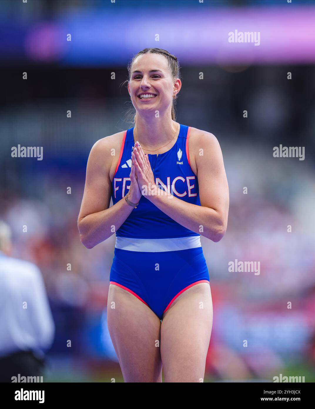 Ninon Chapelle participating in the pole vault at the Paris 2024 ...