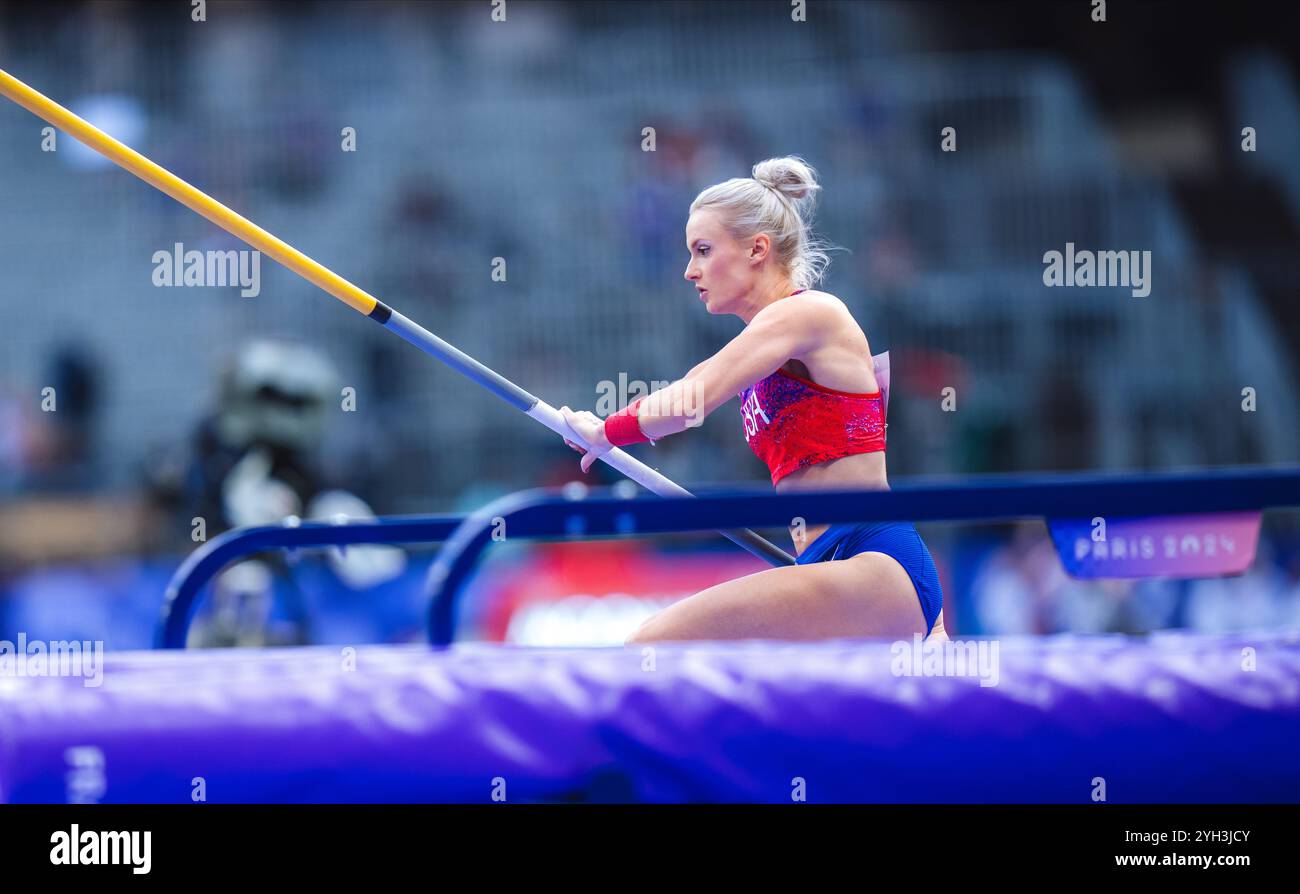 Katie Moon participating in the pole vault at the Paris 2024 Olympic ...