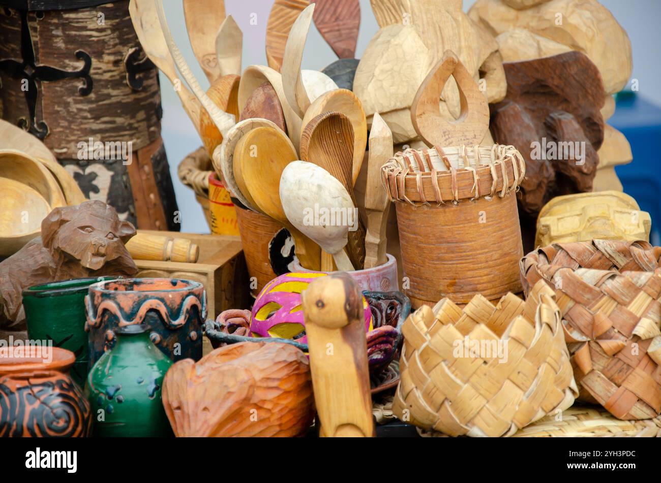 Designer figurines and objects made of wood and birch bark Stock Photo ...