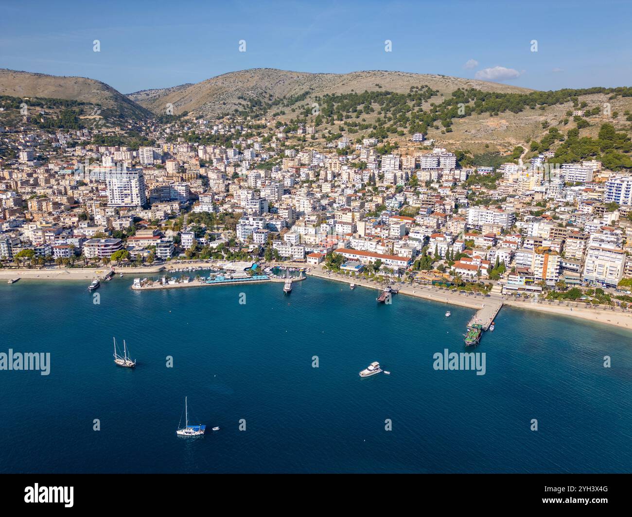 Aerial drone photo of the coastal town named Sarandë in Albania ...
