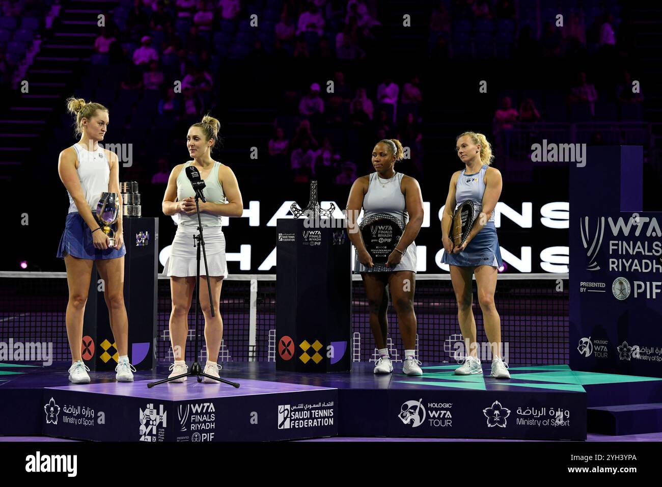 From left, winners New Zealand's Erin Routliffe and Canada's Gabriela Dabrowski speak to the ...