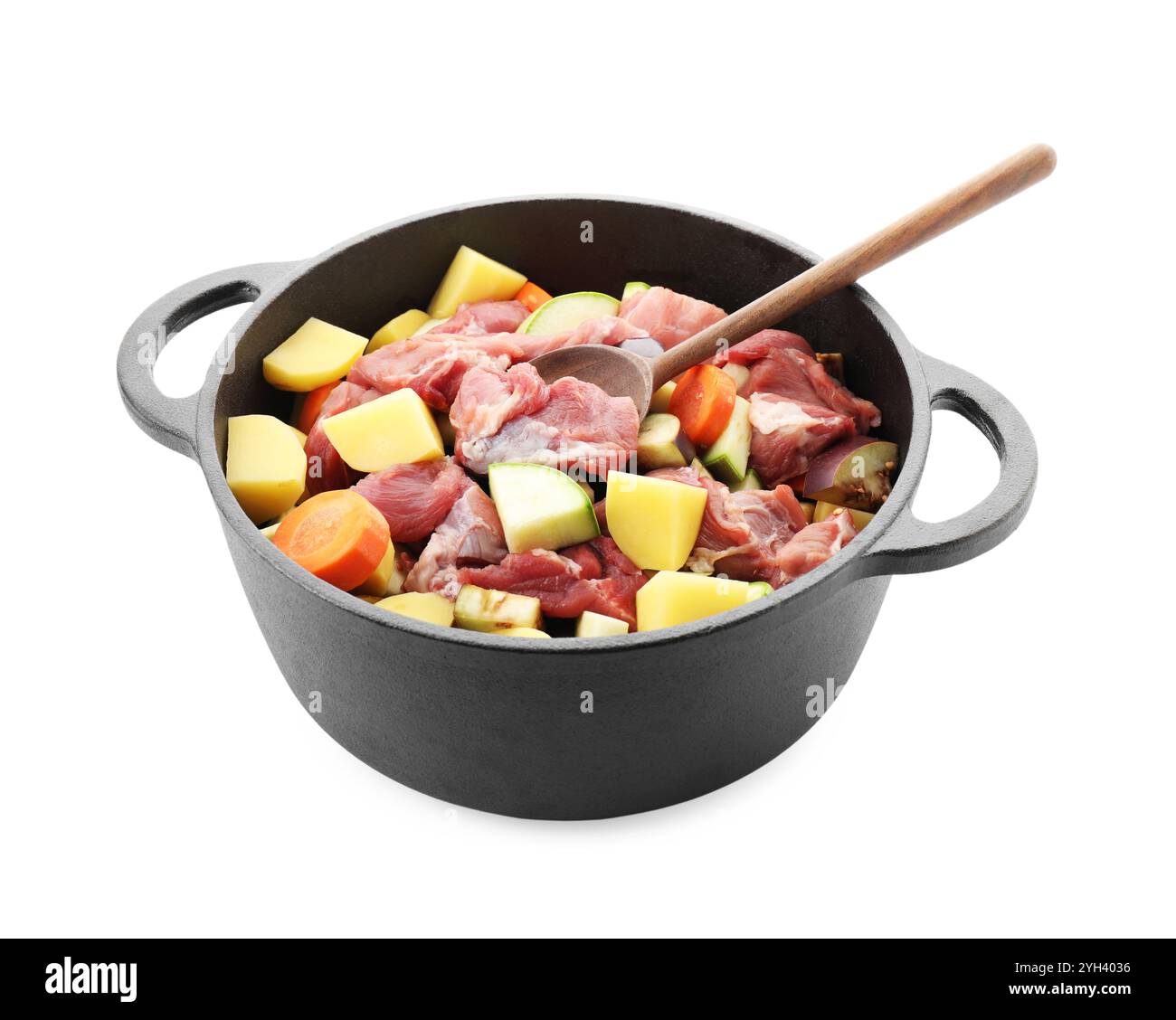 Cooking stew. Uncooked meat and vegetables in pot isolated on white ...