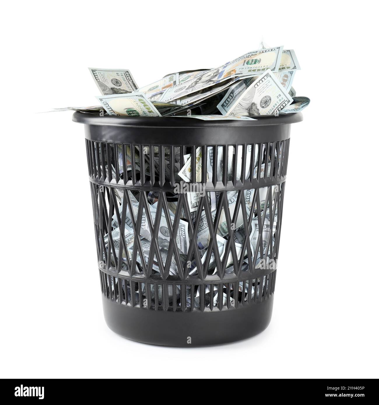 Many dollar banknotes in trash bin isolated on white Stock Photo - Alamy