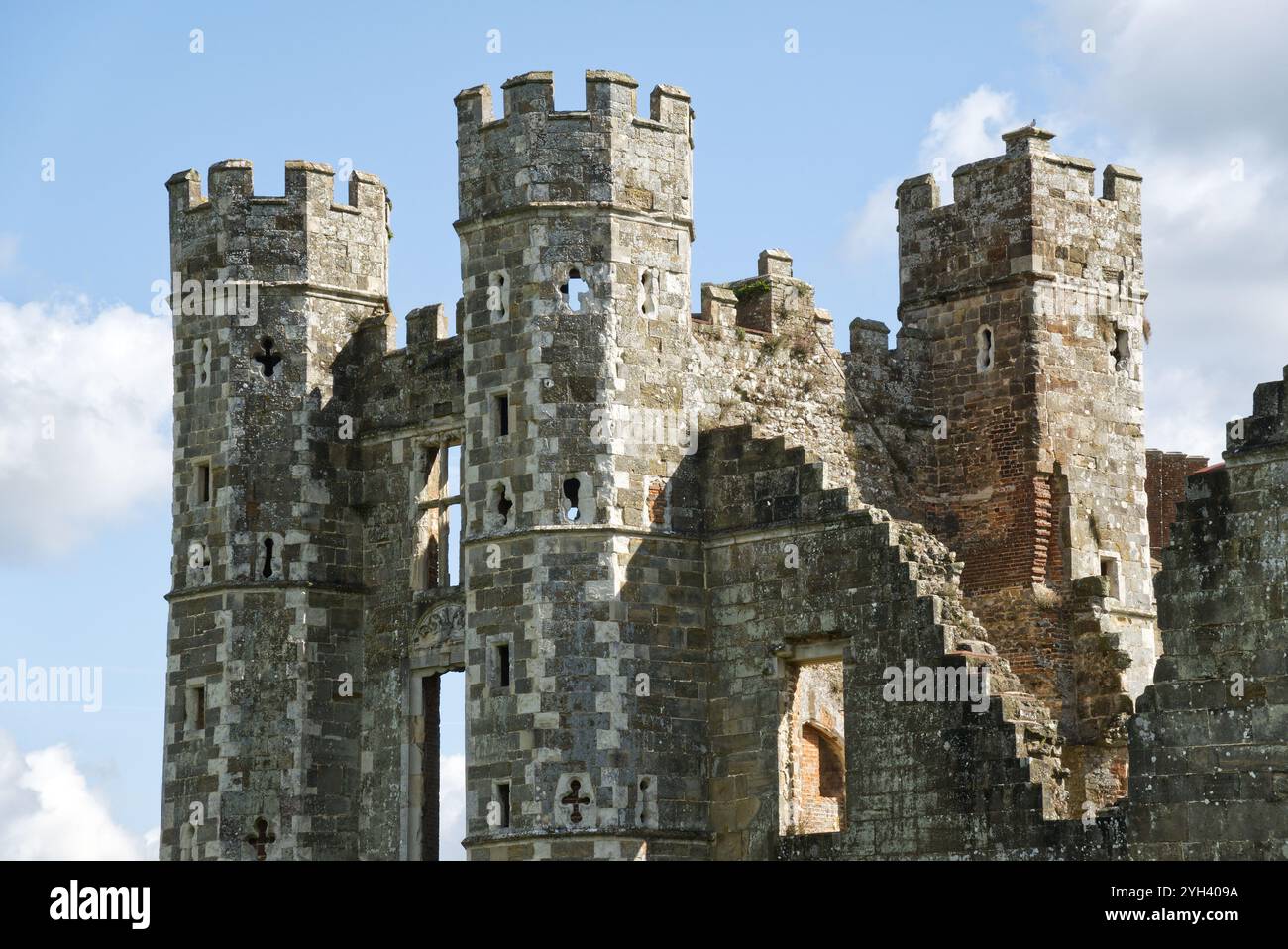 Ruined manor house or mansion with towers and turret. Midhurst in West ...