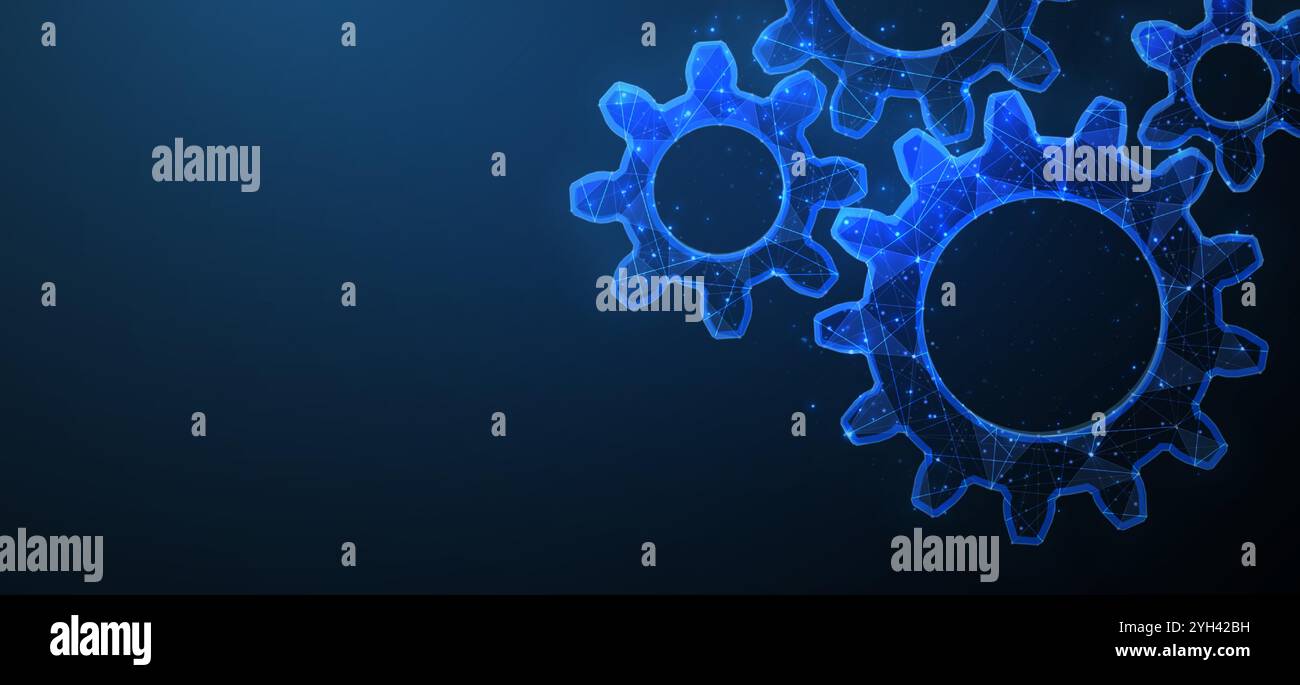 Four gears on blue.. Cog mechanism, engine system, operation progress ...