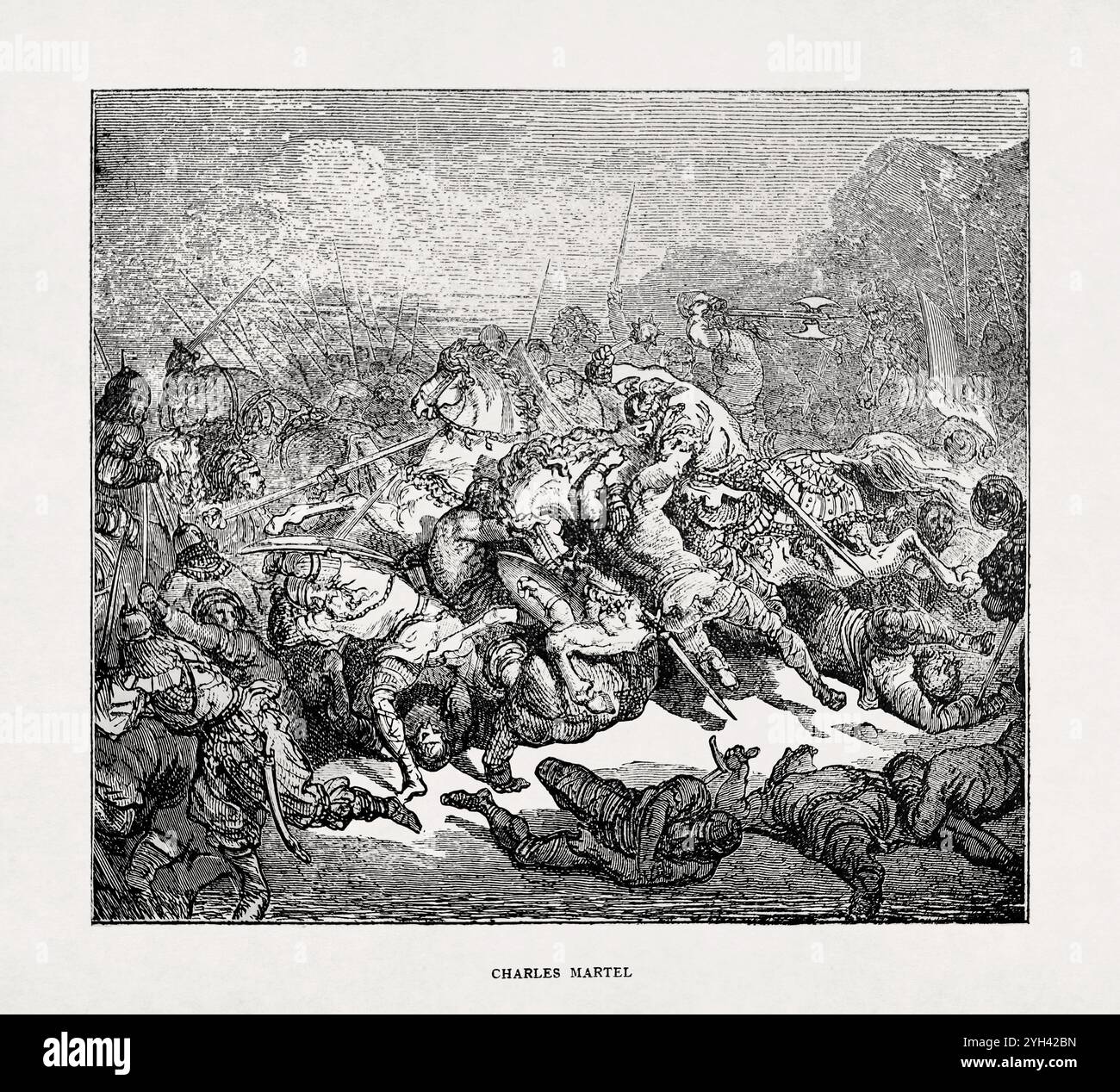 Engraving depicting Charles Martel during the Battle of Tours fought on ...