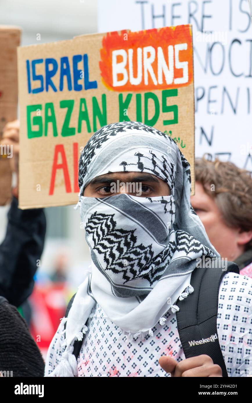 London, UK. 2nd Nov 2024. Pro Palestine supporter wearing a Keffiyeh ...