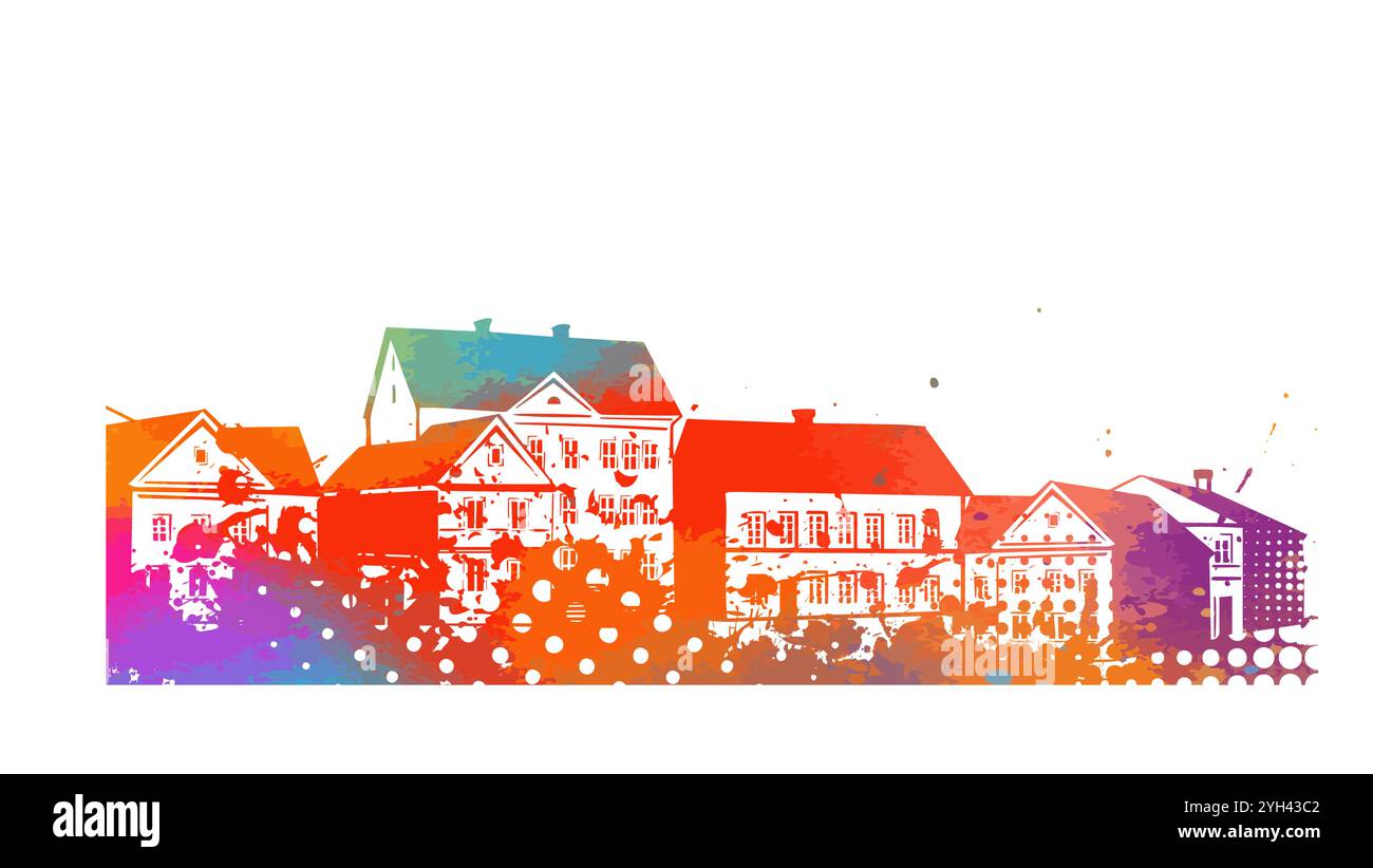 Colored city long panorama. hand drawing. Not AI. Vector illustration ...