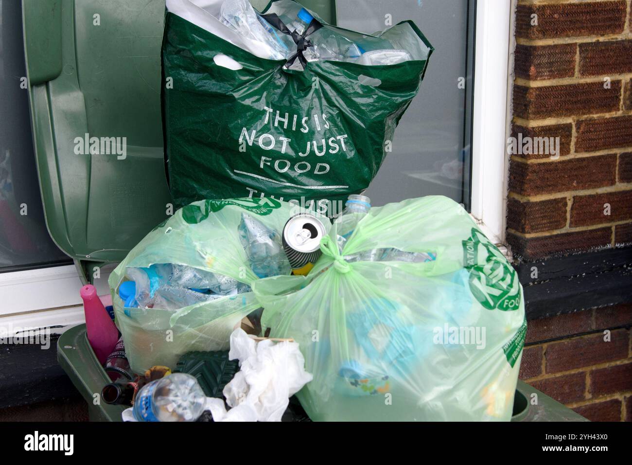 Overflowing green recycling bin in Maidstone, Kent, UK Stock Photo - Alamy