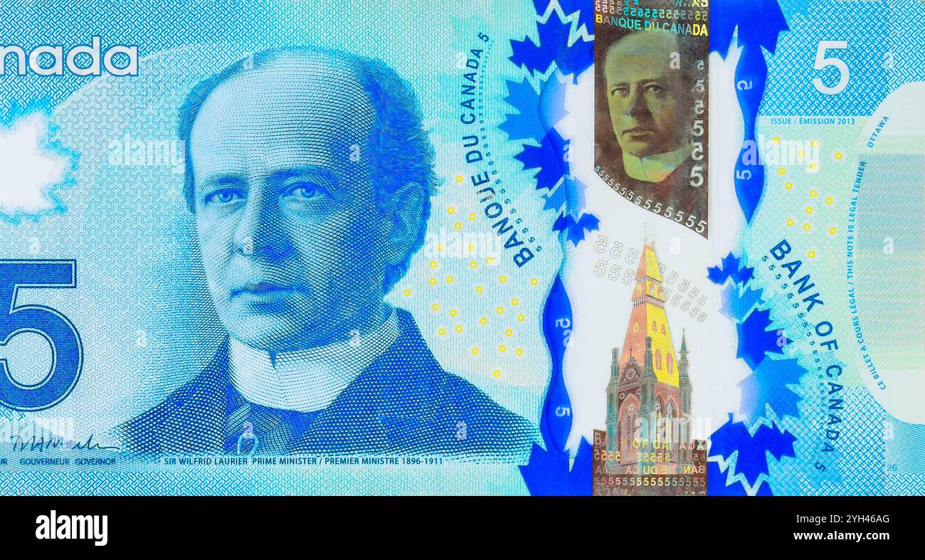 Canadian five dollar denominations of polymer banknotes money issued by ...