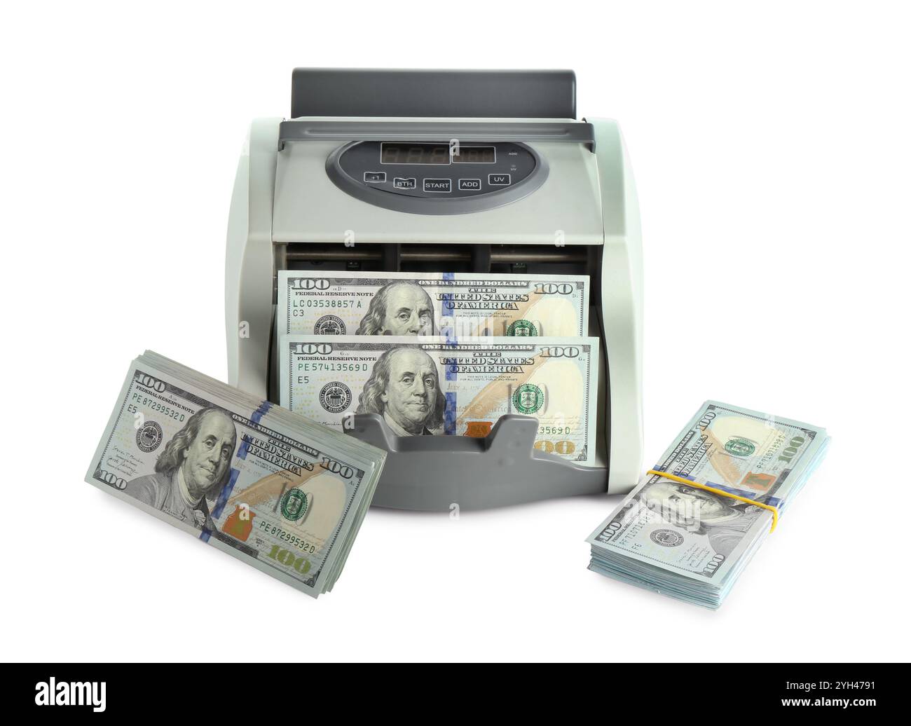 Money counter machine and dollar banknotes isolated on white, above ...