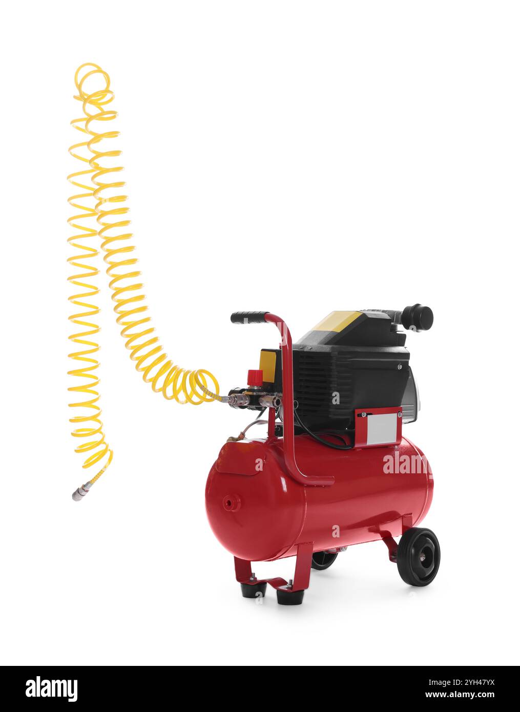 Air compressor with coiled hose isolated on white Stock Photo - Alamy