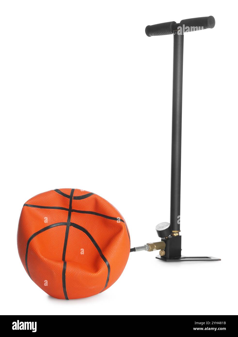 Deflated basketball ball and manual air pump isolated on white Stock ...