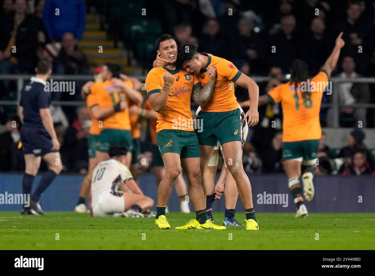 Australia's Len Ikitau (left) and Joseph Suaalii celebrate after team ...
