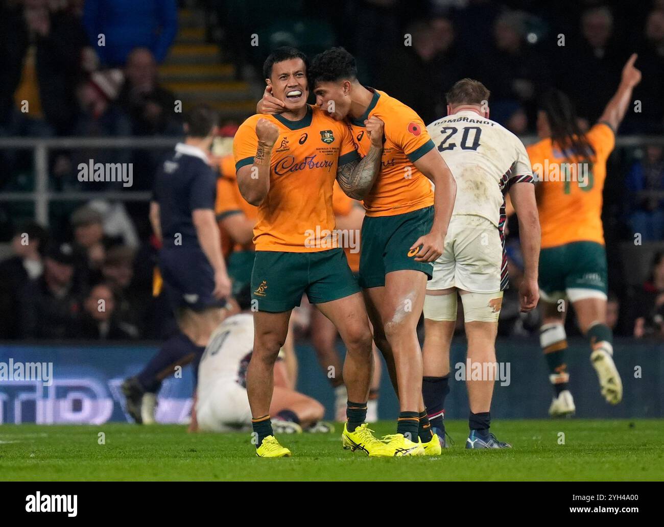 Australia's Len Ikitau celebrates after team-mate Max Jorgensen (not ...