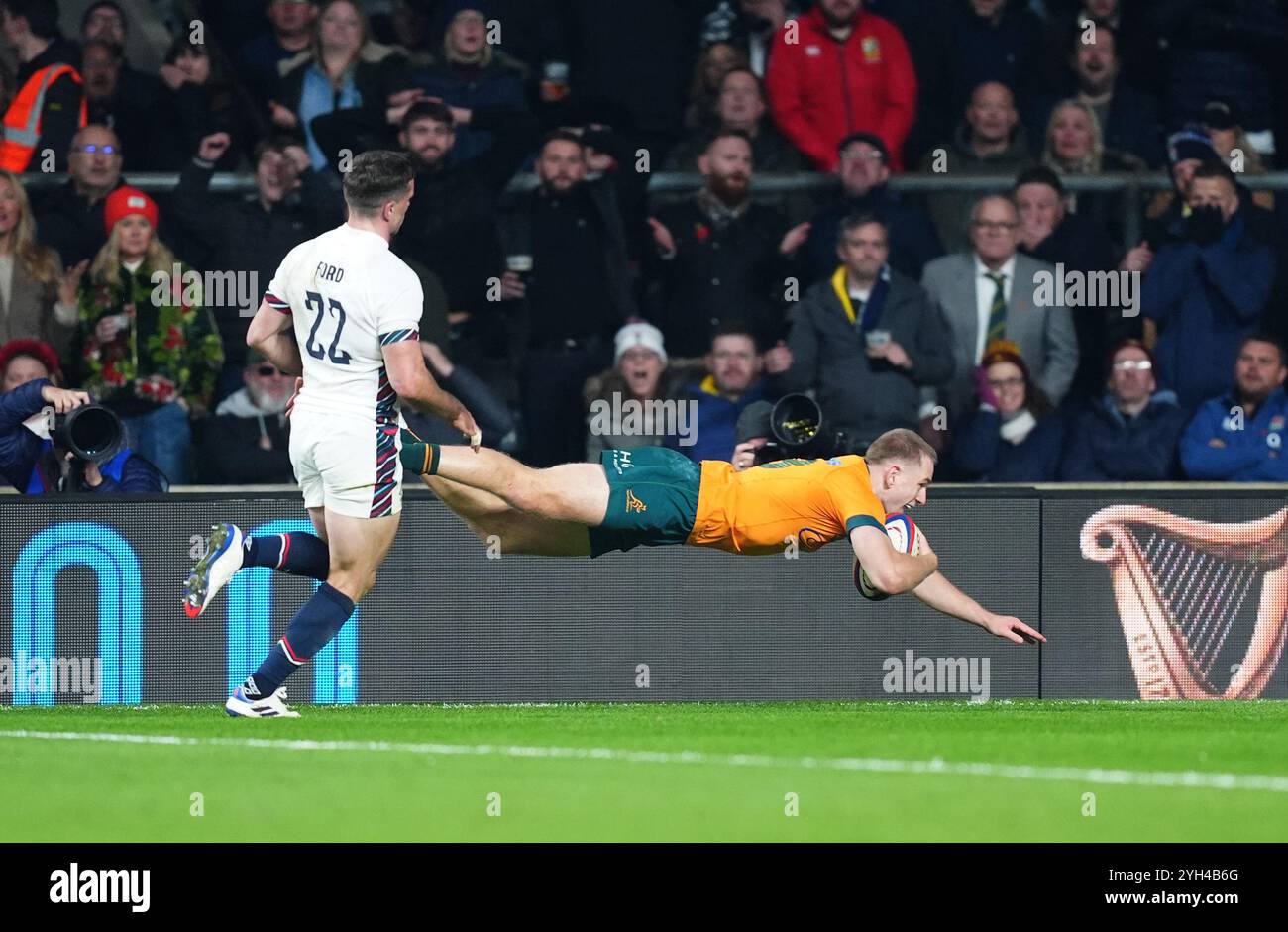 Australia's Max Jorgensen scores their side's fourth try to win the ...