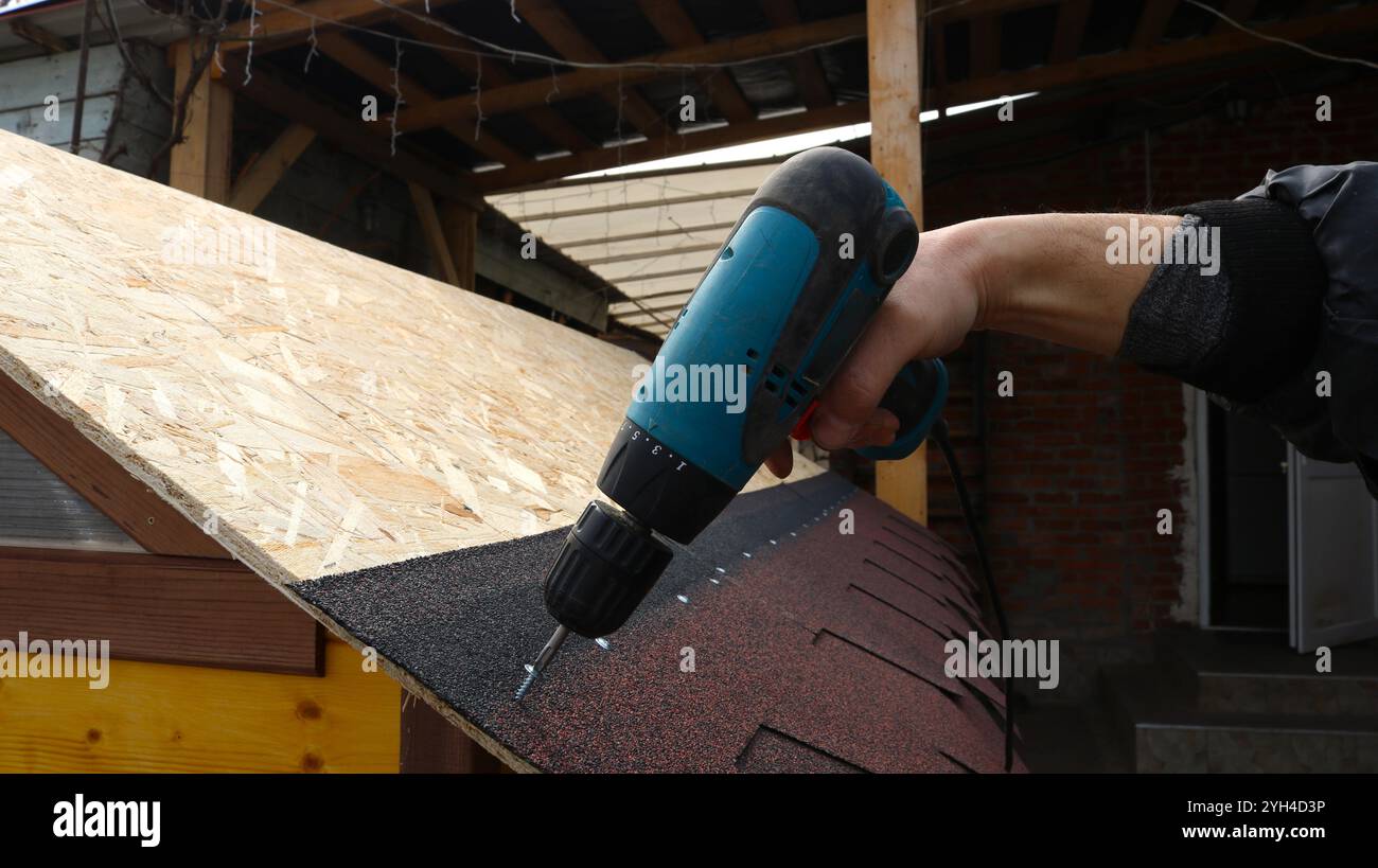 worker's hand with blue cordless screwdriver screwing fasteners into ...